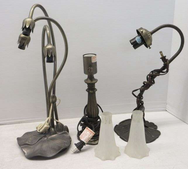 (3) Antique art nouveau metal lily pad lamp bases, 17", 13 1/2", and 10 ...