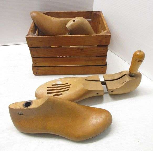 Small wood crate and (4) Antique shoe forms: 2- hinged wood forms with ...