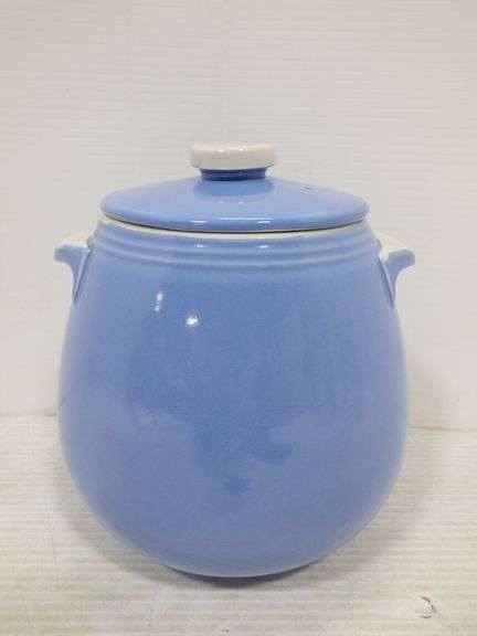 Older cookie jar/cracker jar, light blue, trimmed in white, small chip ...