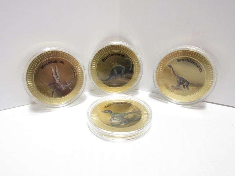 (4) Dinosaur novelty coins, include: Brontosaurus, Mosasaurus ...