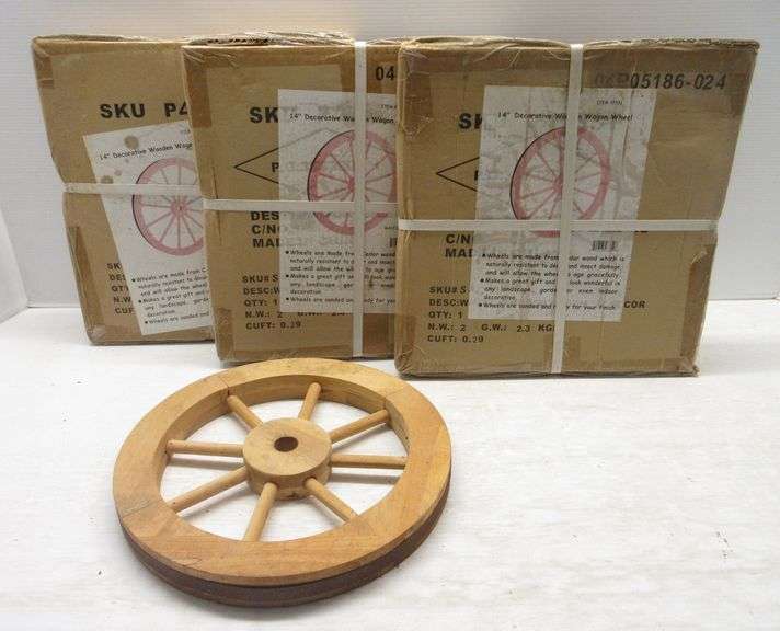 Set of (4) 14" Wooden wagon wheels with metal banded rim, solid cedar ...