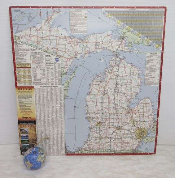 Laminated map of Michigan and ornamental globe, map- 23" x 23", in good ...