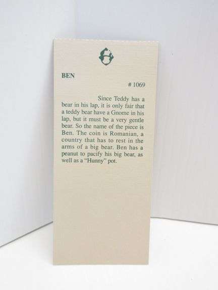 1984 Tom Clark gnome with CoA and story card, "Ben Teddy Bear", 8 1/2"H - Albrecht Auction Service