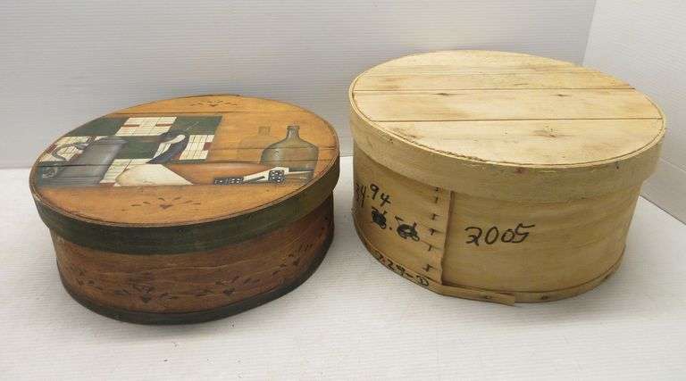 Painted and stained cheese box with lid, 15"Dia x 5 1/4"H; Unfinished ...