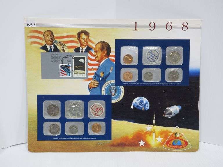 1968 Coins and stamps on a great display sheet, Kennedy half is 40% ...