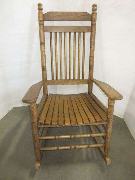 Cracker Barrel solid oak porch rocker with spindle back and slat seat ...