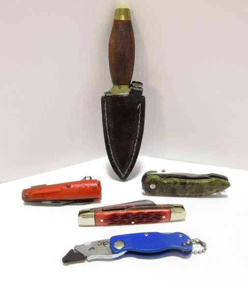 (4) Pocket knives and (1) wood handled boot knife in sheath, US Classic ...