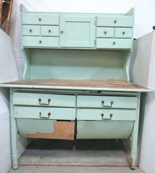 Antique very old kitchen cupboard, original green paint, many cubbies ...