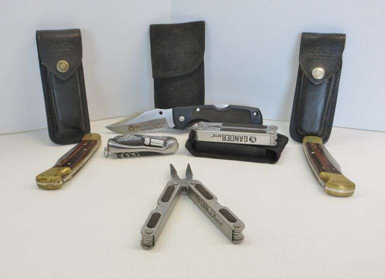 (6) Knives, includes: 1- Buckle with leather case; 1- Buckllo with ...