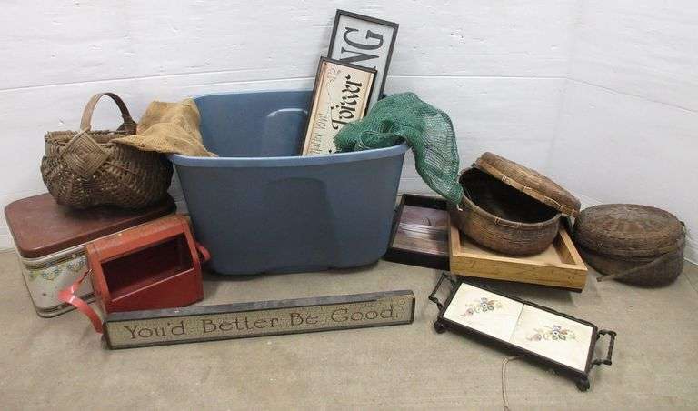 Bin og household items, include: Wall signs, Wicker baskets, Old pulley ...
