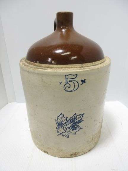 Western Stoneware jug with stopper, Old No. 5, has small crack on ...