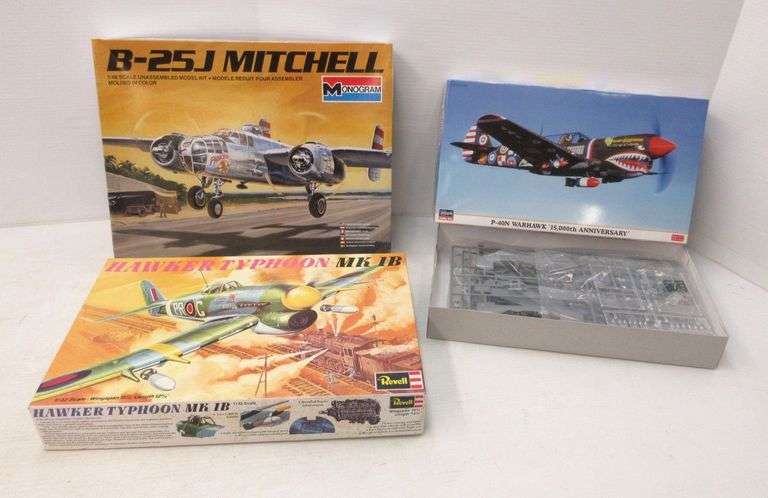 (3) 1/48 WWII plastic model plane kits, include: Monogram B25J Mitchell ...