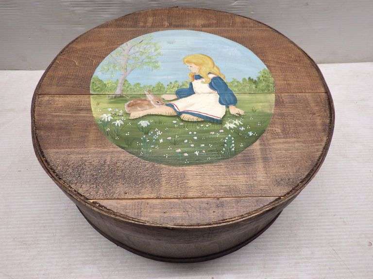 Decorative cheese box, appears to be hand painted, 15"Dia x 6"D, wood ...