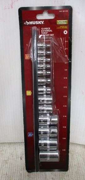 Husky 13-Piece external Torx socket set on storage rack, E-4 to E-24, 1 ...