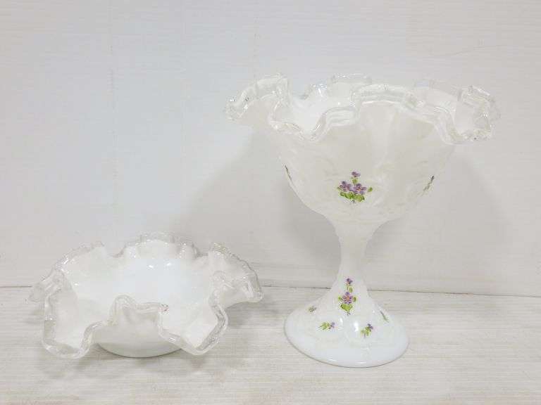 Fenton hand painted fluted compote artist signature and Fenton stamp on ...