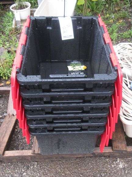 (6) Strong 12-gallon totes with folding lids, missing one lid, used ...