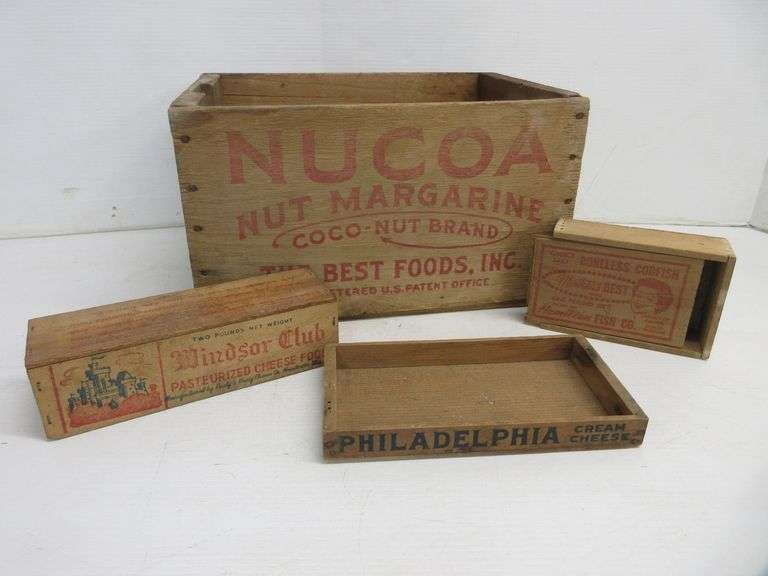 Old food product boxes, includes: Nucoa nut margarine, Windsor club ...