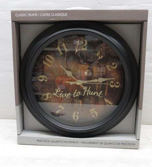 "Live to Hunt" whitetail deer clock, 16"Dia, NIB - Albrecht Auction Service