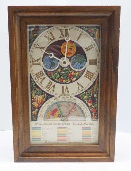 Planters clock, 10" x 4" x 15"L, great - Albrecht Auction Service