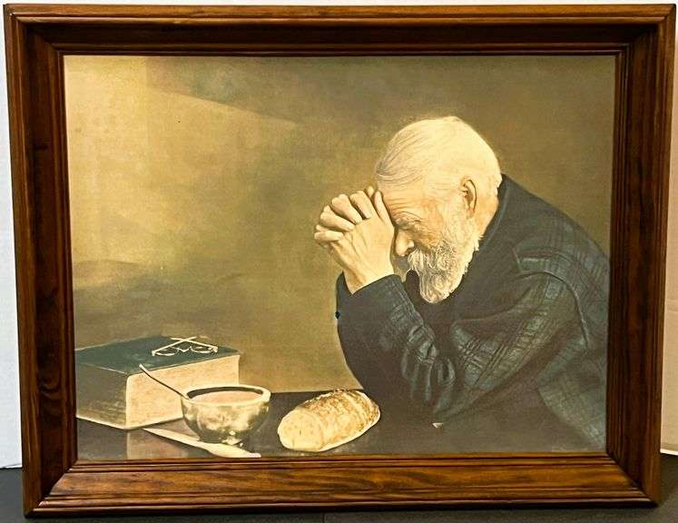1960s Eric Enstrom "Grace" print of man praying over bread in a solid wood frame, 24" x 17 ...