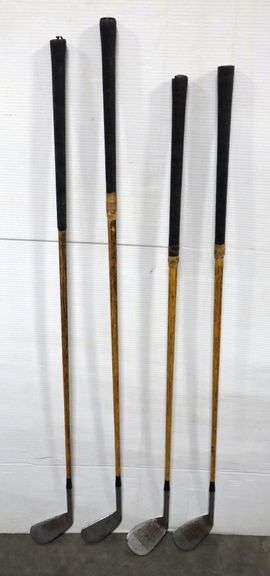 (4) Vintage Burke Zenith woodgrain steel shaft irons, punch dot iron ...