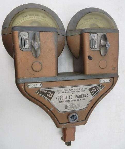 Double parking meter with post lock, 16"W - Albrecht Auction Service