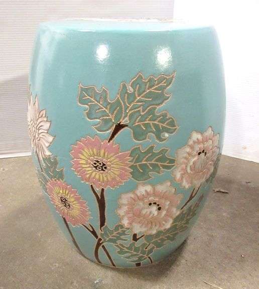 Garden ceramic drum stool, teal/brown/mauve/white/blue in color, 16"H ...