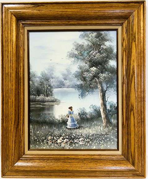 Young girl at lake oil painting, signed by Greg Layton, in a solid oak ...