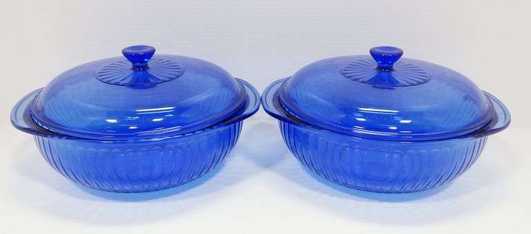 (2) Pyrex cobalt blue vertical ribbed 2-quart casserole bowls with lids ...