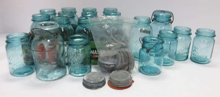 Blue ball canning jars, include: 12- Quarts, 6- Pints, 2- hinged, 2 ...