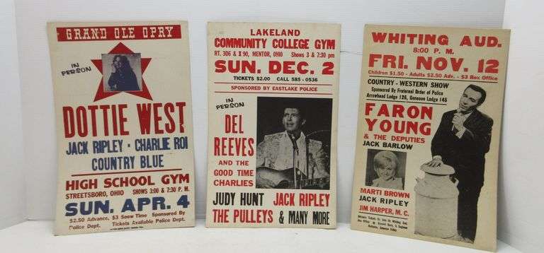 (3) Older western country concert posters, feature Dottie West and Del ...