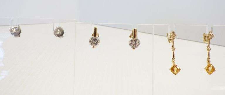 (3) Pairs of 14K Pierced post style earrings, center pair has genuine ...