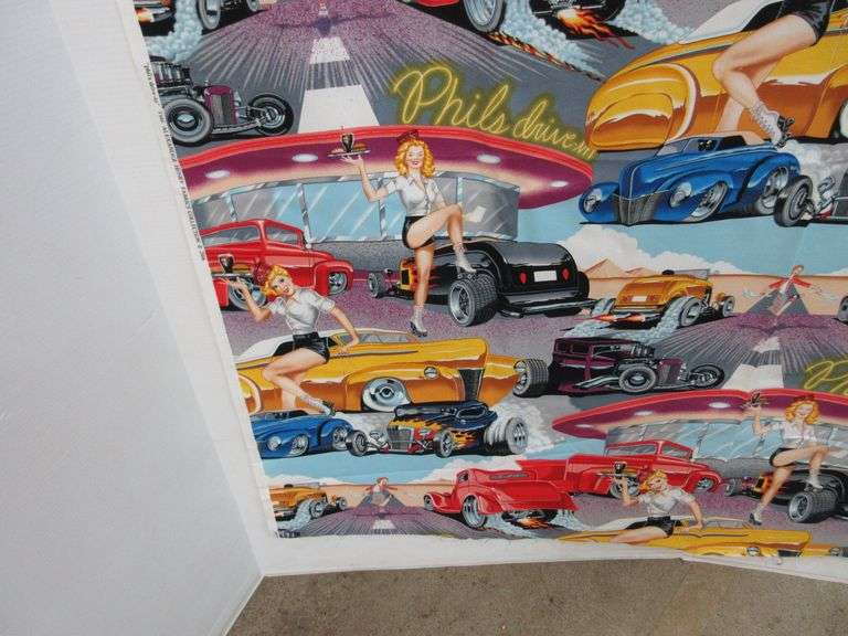 2 Yards of Phil's drive-in pin up fabric, alexander henry scenic cotton ...