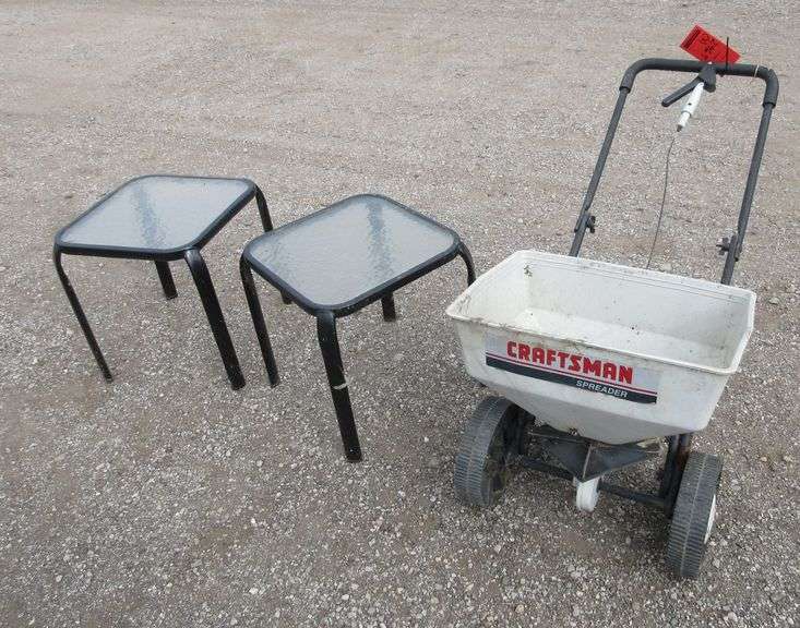 (2) Stands, 17"H; Lawn spreader - Albrecht Auction Service