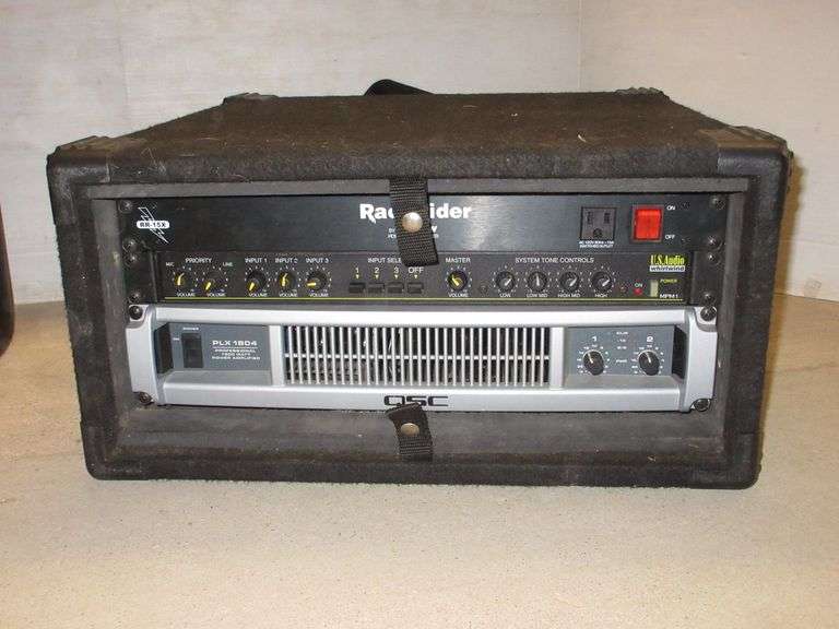 QSC PLX 1804 1800W amp, (2) I-80H speakers, US audio sound mixer, Rack ...