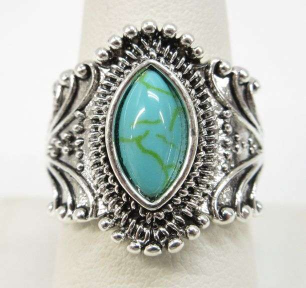 Silvertone simulated turquoise ring, size 9; Not Marked or Stamped ...