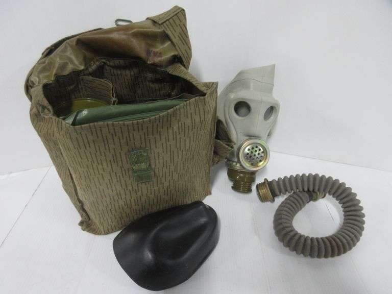 Older gas mask kit, includes: Heavy duty mask, hose, canister, blankets ...