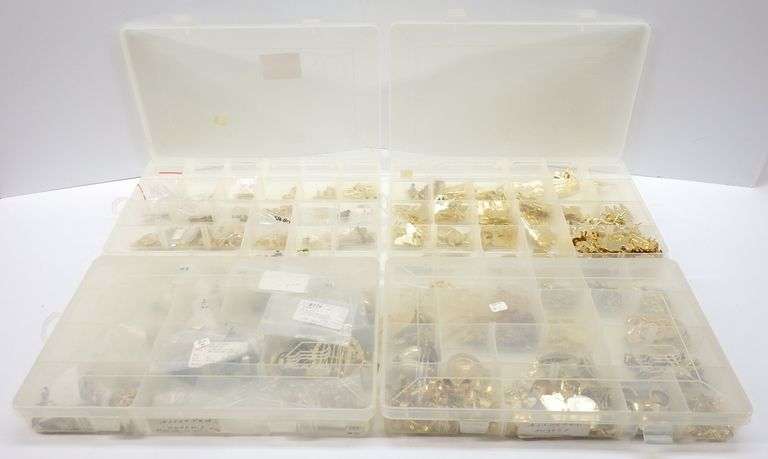 (4) Plastic tray boxes of jewelry charms and pins, Trays- 14" x 9", NOS ...