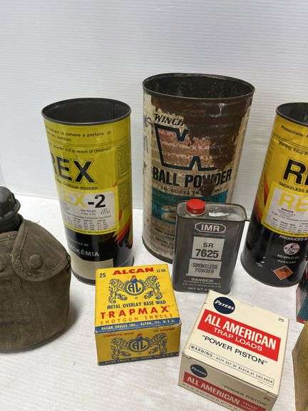 (9) Old empty shotgun shell boxes, (6) Old empty gun powder containers ...