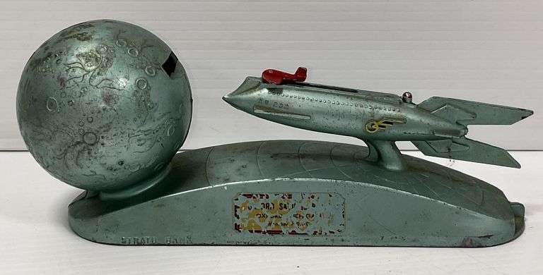 Mid century Rocket to the Moon Bank Atomic era, 1950s, 8" x 3" x 3 1/2 ...