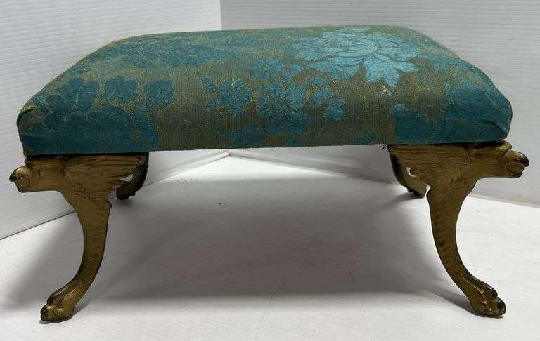 Antique footstool with metal Griffin Mythical Dragon feet, top- 14" x ...