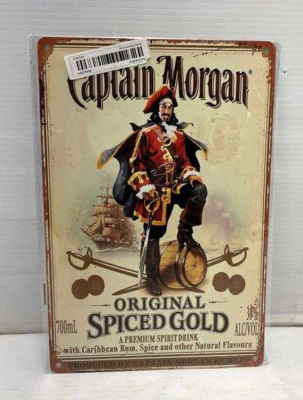 Modern "Captain Morgan", metal sign, approx. 8"W x 11 3/4"H, in fair ...