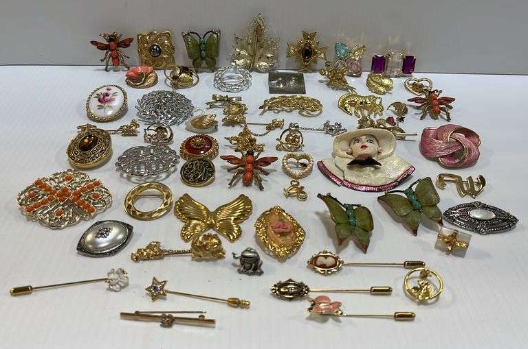 Over (50) brooches and pins, many older pieces, various styles, up to 3 ...