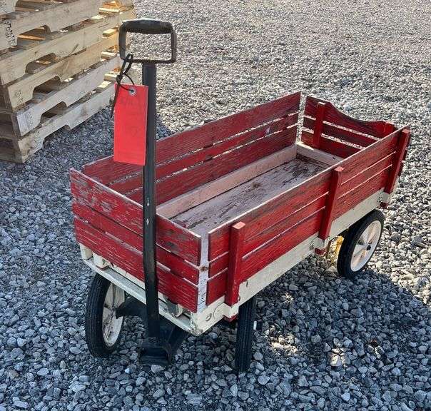 Old red wood wagon with wood side racks, 15"W x 36"L, good - Albrecht ...