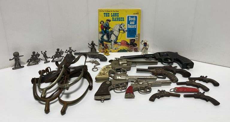 Lone Ranger book, (2) Lone Ranger cap guns, old cowboy and indians, cap ...