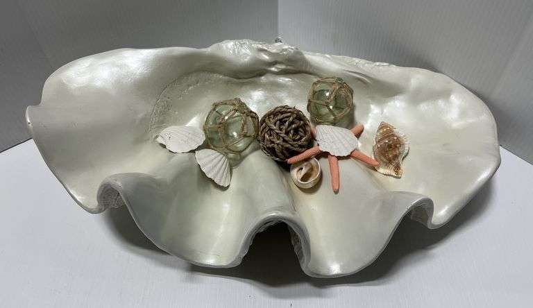 Large half faux clam shell, various shells and starfish, 19"W x 10 1/2 ...