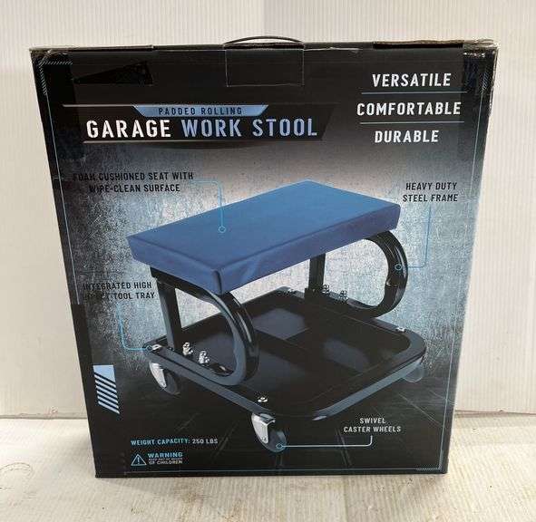 Garage work stool, cushioned seat, swivel wheels, and integrated impact ...