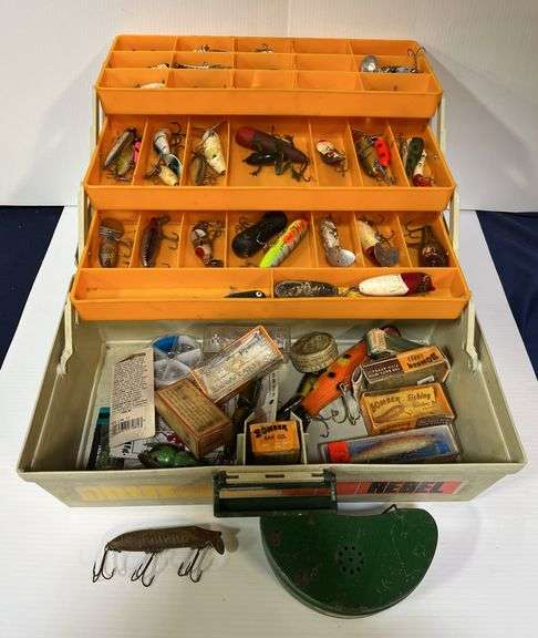 Rebel 600 tackle box with large assortment of old wood lures, box- 17"W ...