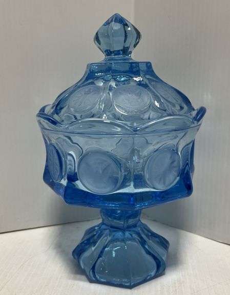 Glass Fostoria blue coin glass candy dish with lid, 8 1/2"H, excellent ...