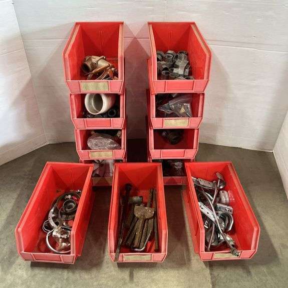 (11) Parts bin filled with fittings, tools, and more, bins- 15" x 8 1/4 ...